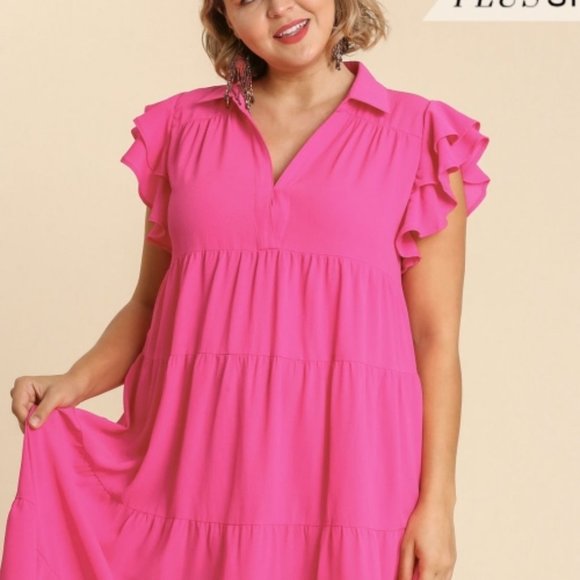 Umgee | Dresses | Umgee Plus Size Hot Pink Collar Split Neck Short ...